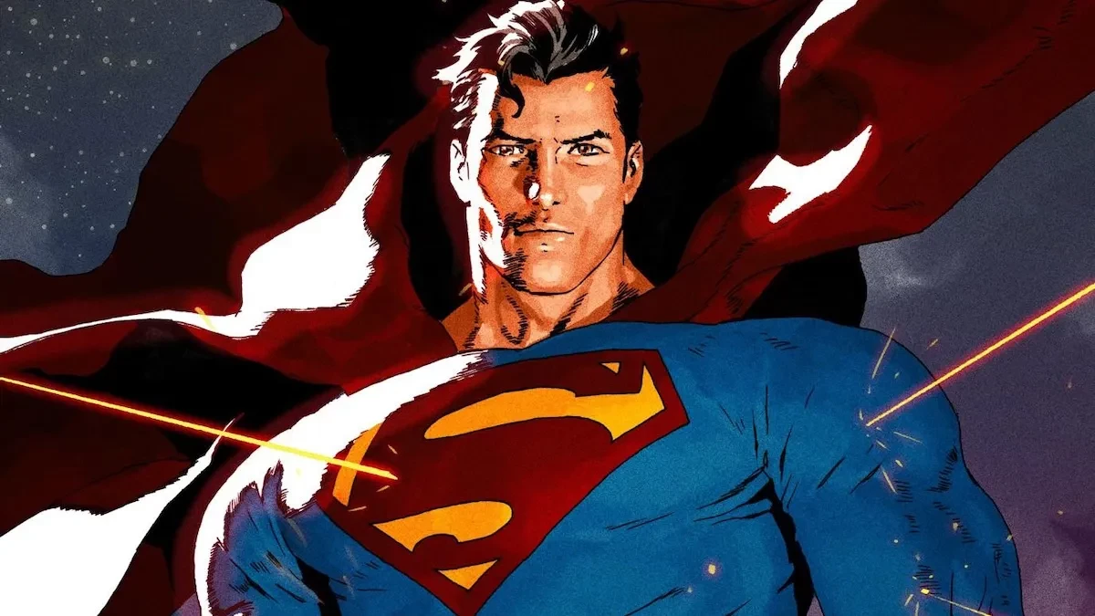 Superman na planie ucieka przed 2 potężnymi złoczyńcami. Ikoniczna ...